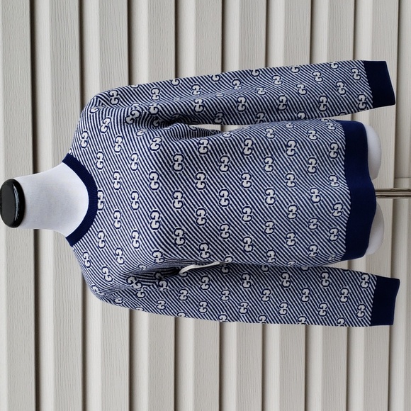 Gucci | Sweaters | Gucci Gg Allover Wool Jacquard Knit Blue And White ...